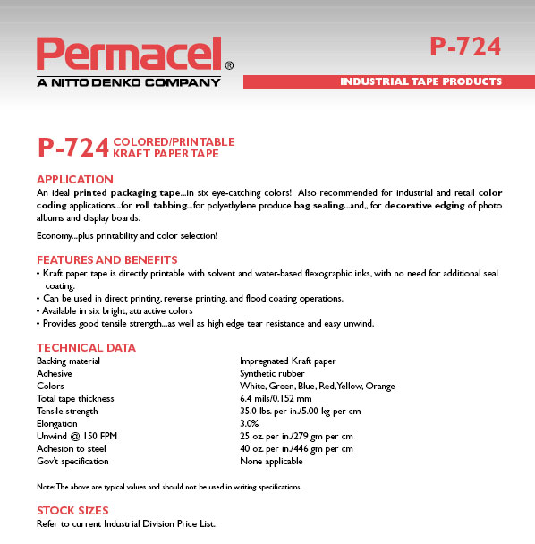Shurtape (Permacel) 724 Specifications
